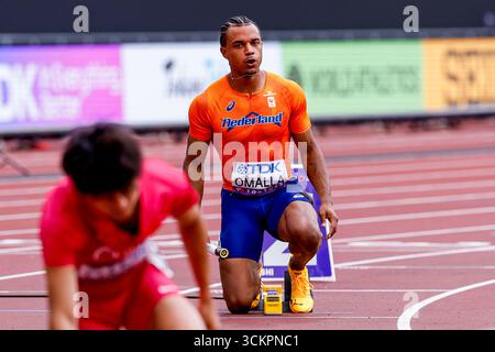 Eugene Omalla of the Netherlands looks on during the Men's 400m Final ...