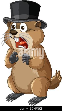 Vector cartoon groundhog in top hat, brown fur, gloves, emerging from ...
