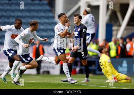 Preston North End's Lewis Dobbin scores their side's first goal of the ...