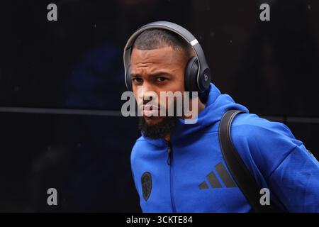 Lukas Nmecha of Leeds United arrives before the Derby County v Leeds ...