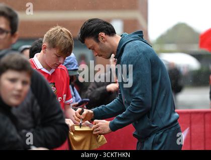 Wrexham's Kieffer Moore arrives ahead of the Sky Bet Championship match ...