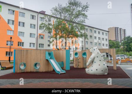 Residential street in Korsakov, Sakhalin, Russia, with Soviet-era ...
