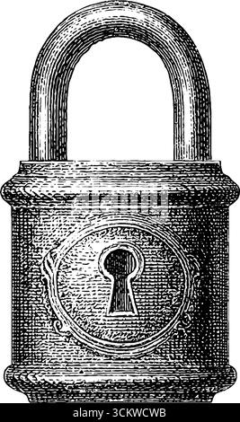 Vintage chest lock in engraving and pencil sketch style for antique ...