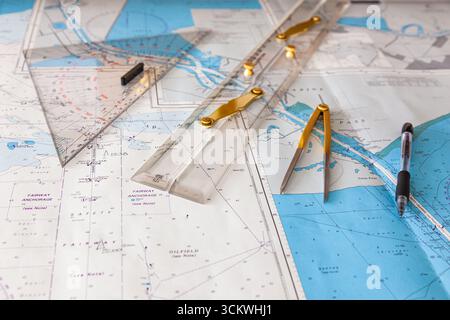 Navigation ship chart for building a sailing route. Plotter, divider ...