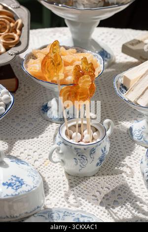 Traditional Russian sweets including rooster lollipops, baranki, zephyr ...