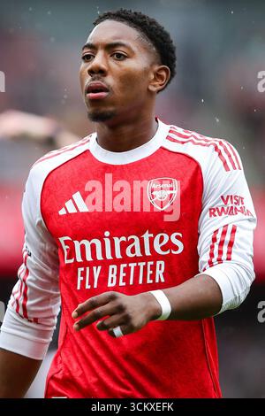 Myles Lewis-Skelly of Arsenal in the pregame warmup session during the ...