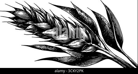 Barley grain cluster on stalk in black and white design for print and ...