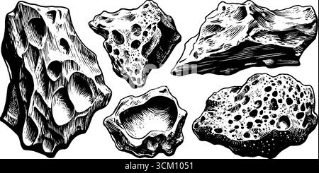 Vintage sketch of meteorite fragments with pitted surfaces for retro ...