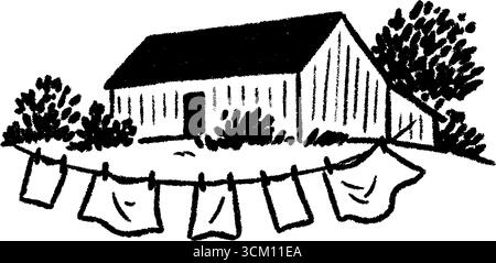 Rustic farmhouse scene with clothes drying on a line Stock Vector Image ...