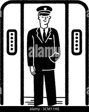Hand drawn sketch of elevator operator in uniform for retro design ...