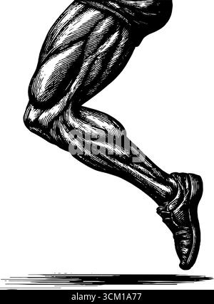Engraved illustration of muscular leg anatomy for retro fitness design ...