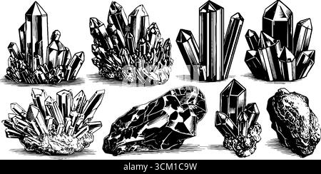Intricate crystal shapes and jagged clusters sketch for design projects ...