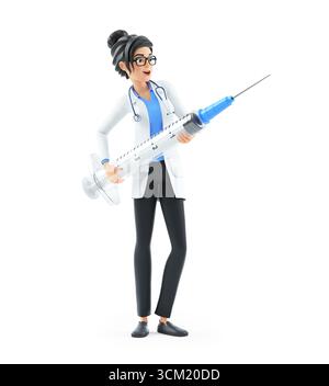 3D. Cartoon doctor holding vaccine and syringe. medical care concept ...
