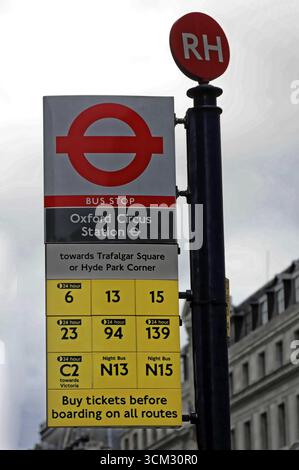 Oxford Circus bus stop sign, Oxford Street London UK Stock Photo - Alamy