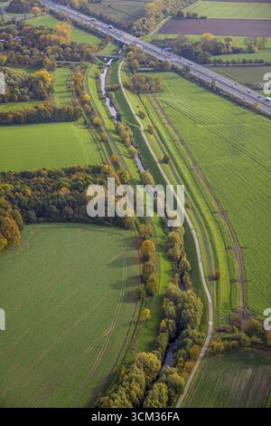 Aerial view, Seseke bike path, autumn colors, river Seseke, Oberaden ...
