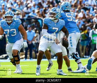North Carolina quarterback Gio Lopez (7) looks to pass during an NCAA ...