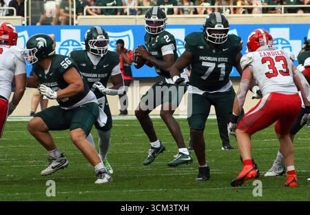 Michigan State quarterback Aidan Chiles (2) looks to pass against Nebraska during the first half ...