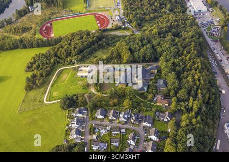 Aerial view, Kreuzbergstadion, Am Finkenhagen housing estate, Olpe town ...