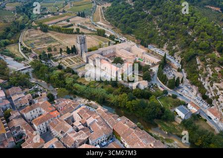 Aerial view of Castle of Abbey Sainte-Marie d'Orbieu, part of history ...