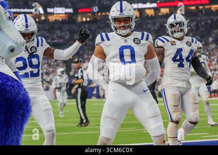 Indianapolis Colts safety Cam Bynum (0) celebrates on the field during ...
