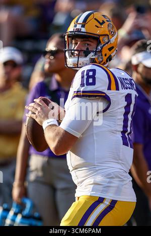 LSU quarterback Garrett Nussmeier (18) warms up before an NCAA college ...
