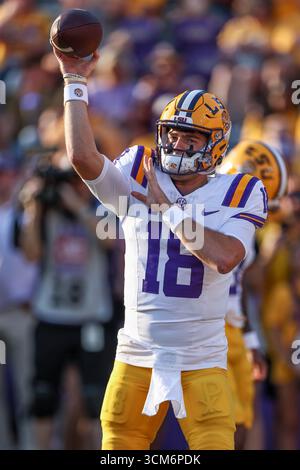 LSU quarterback Garrett Nussmeier (18) warms up before an NCAA college ...