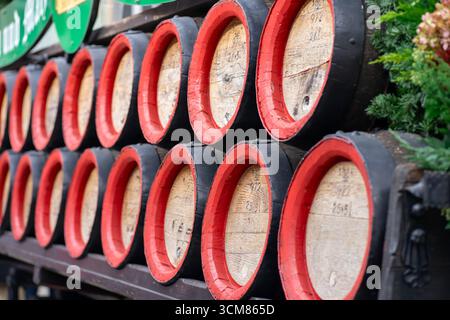 A row of barrels for storing wine and other alcohol in closeup Stock ...