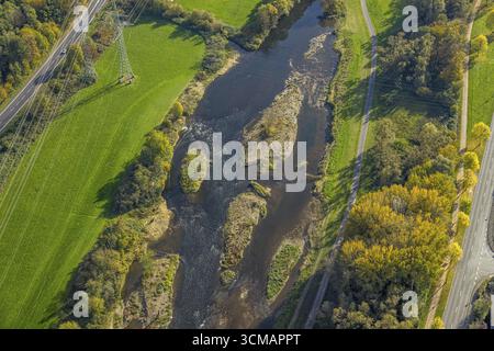 Aerial view, river Lenne renaturation, Lenne floodplain, autumn colors ...