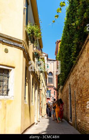 Alley surrounded by colorful buildings and greenery under a cloudy sky ...