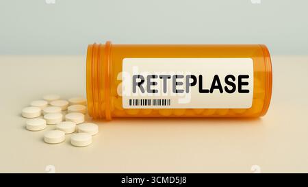 Box of RETEPLASE tablets on a hospital pharmacy table used to dissolve ...