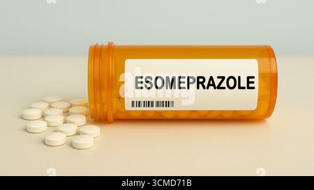 Box of ESOMEPRAZOLE tablets on a hospital pharmacy table used to treat ...
