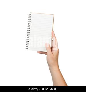 Hand holding a spiral notebook on a white background Stock Photo - Alamy