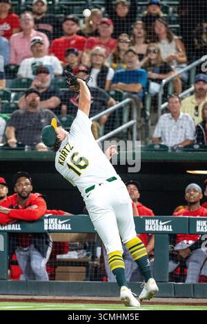 Athletics first baseman Nick Kurtz (16) walks off the field before a ...