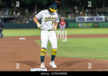 Athletics first baseman Nick Kurtz (16) walks off the field before a ...