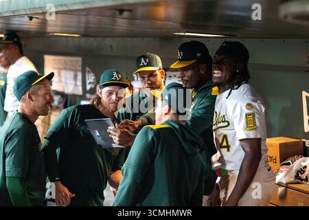Athletics first baseman Nick Kurtz (16) walks off the field before a ...