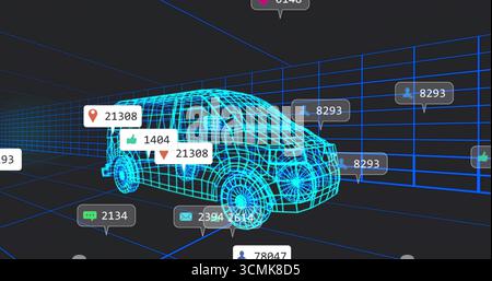 Rotating wireframe SUV model floating in virtual HUD grid, showing ...