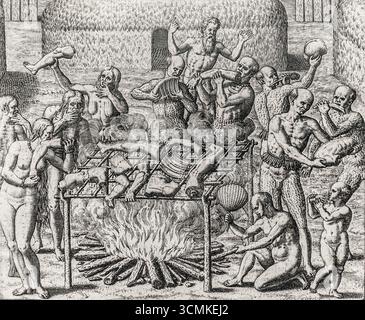 This 16th-century illustration by Theodor de Bry depicts a dugout canoe ...