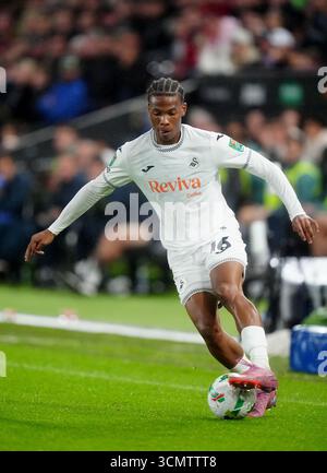 Ishé Samuels-Smith, of Swansea City inspects the pitch during the Sky ...