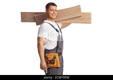 Builder uniform on wooden background, flat lay Stock Photo - Alamy