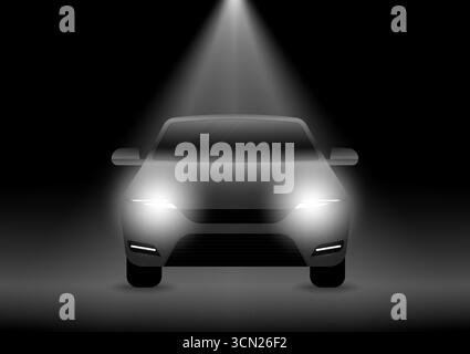 Modern Car with Headlights or Light Beams in Dark Background. Vector ...