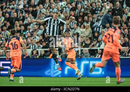 Dan Burn of Newcastle Untied wins header during the UEFA Champions ...