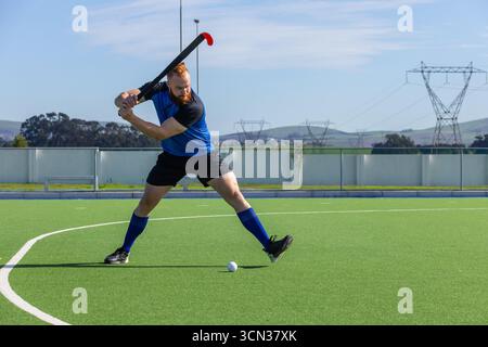 Field hockey stick and ball on blue grass. Professional sport concept ...