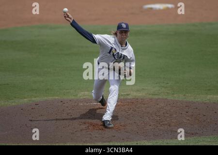 Tampa Bay Rays pitcher Shane Baz delivers to the Toronto Blue Jays ...