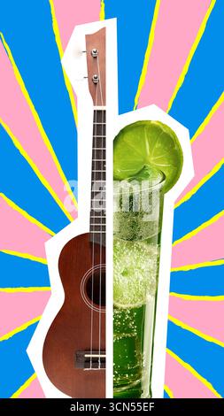 Colorful ukulele on pink background, top view. String musical ...