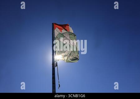 Waving Franconian flag in the blue sky, Nuremberg, Middle Franconia ...