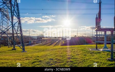 Evening scenery around the electrical substation in Kupferzell, a ...