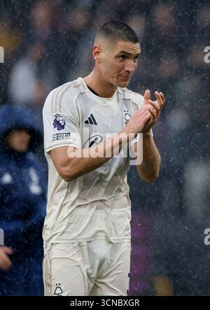 Nottingham Forest's Nikola Milenkovic applauds the fans after the ...