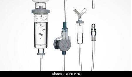 Sterile IV drip set, transparent fluid-filled chamber, flexible tubing ...