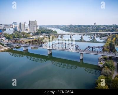 Aerial daytime view of downtown Saskatoon, Saskatchewan, featuring the ...
