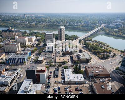 Aerial daytime view of downtown Saskatoon, Saskatchewan, featuring the ...